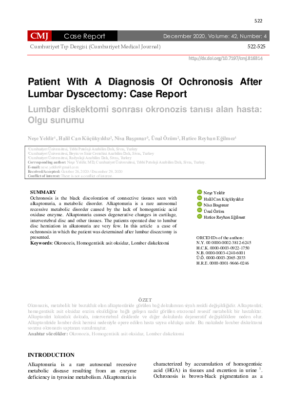 (PDF) Patient With A Diagnosis Of Ochronosis After Lumbar Dyscectomy ...