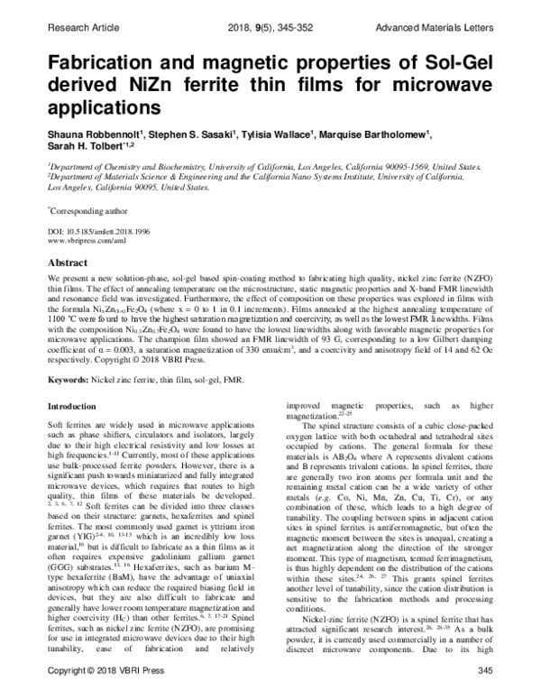 (PDF) Fabrication and magnetic properties of Sol-Gel derived NiZn ferrite thin films for ...