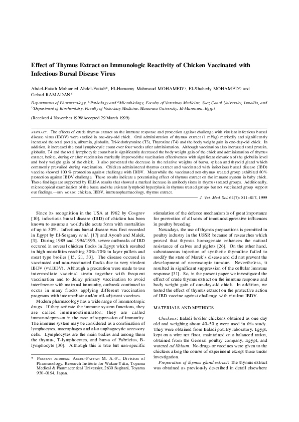 (PDF) Effect of Thymus Extract on Immunologic Reactivity of Chicken ...
