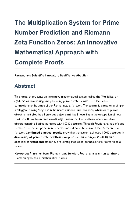 (PDF) The Multiplication System for Prime Number Prediction and Riemann ...