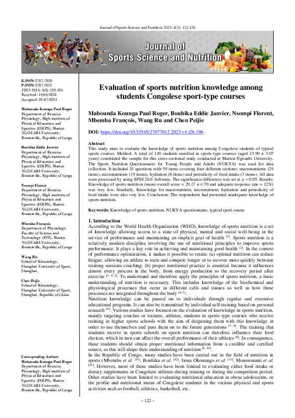 (PDF) Evaluation of sports nutrition knowledge among students Congolese ...