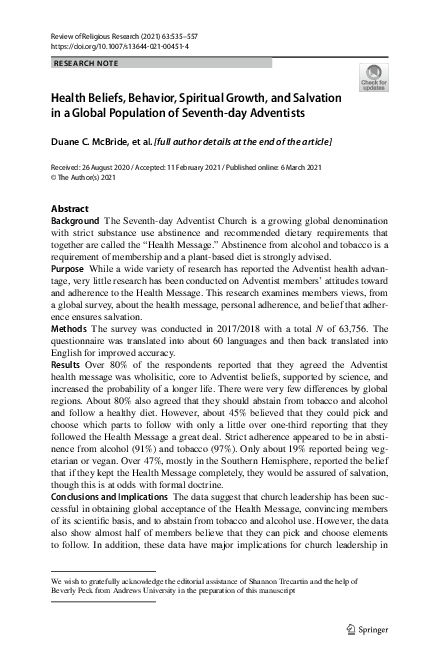 (PDF) Health Beliefs, Behavior, Spiritual Growth, and Salvation in a ...