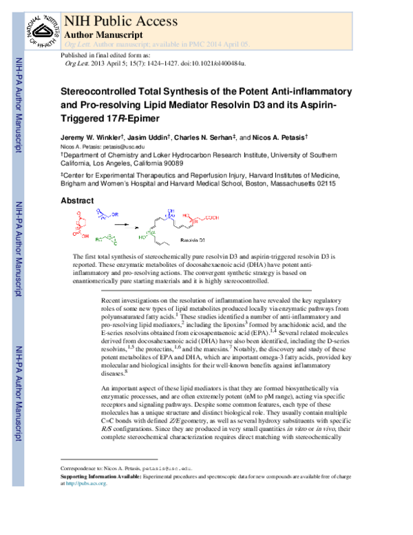 (PDF) Stereocontrolled Total Synthesis of the Potent Anti-inflammatory ...