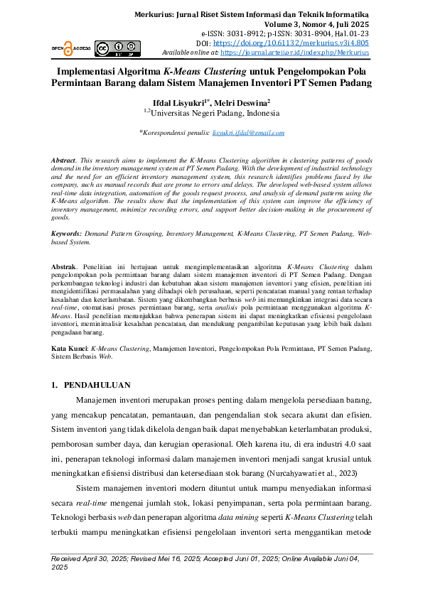 (PDF) Implementasi Algoritma K-Means Clustering untuk Pengelompokan ...