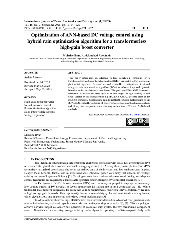(PDF) Optimization of ANN-based DC voltage control using hybrid rain optimization algorithm for ...