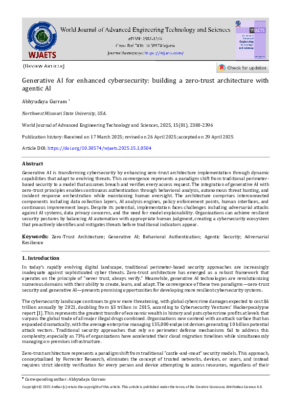 (PDF) Generative AI for enhanced cybersecurity: building a zero-trust architecture with agentic AI
