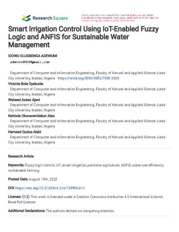 (PDF) Smart Irrigation Control Using IoT-Enabled Fuzzy Logic and ANFIS for Sustainable Water ...