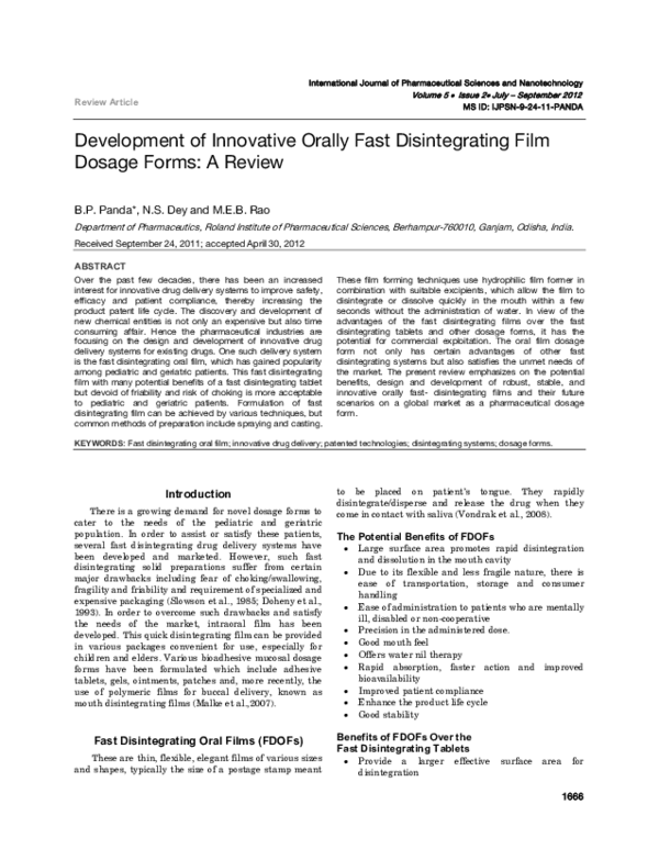 (PDF) Development of Innovative Orally Fast Disintegrating Film Dosage ...