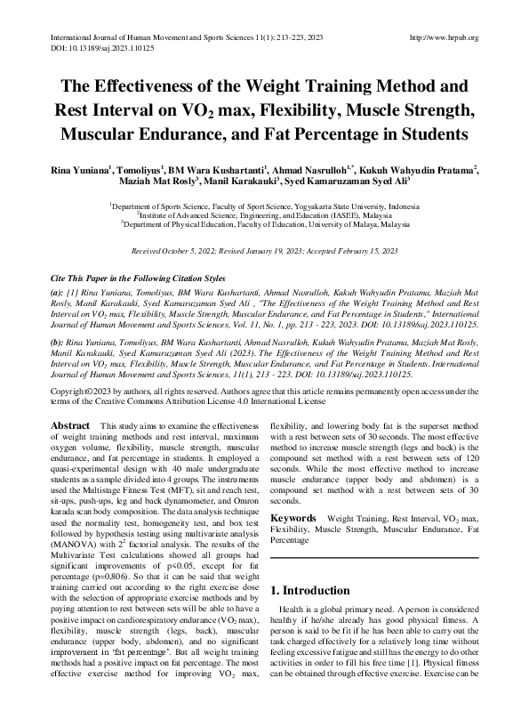 (PDF) The Effectiveness of the Weight Training Method and Rest Interval ...