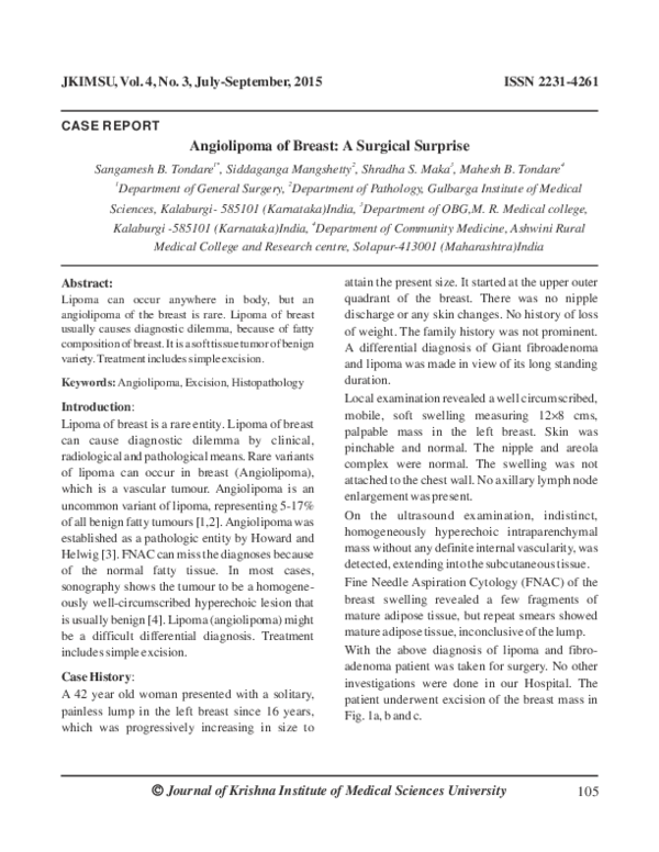 (PDF) Angiolipoma of Breast: A Surgical Surprise
