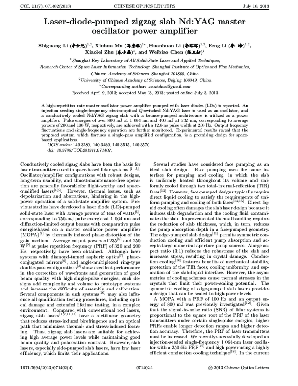 (PDF) Laser-diode-pumped zigzag slab Nd:YAG master oscillator power amplifier
