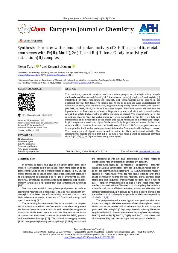 (PDF) Synthesis, characterization and antioxidant activity of Schiff base and its metal ...