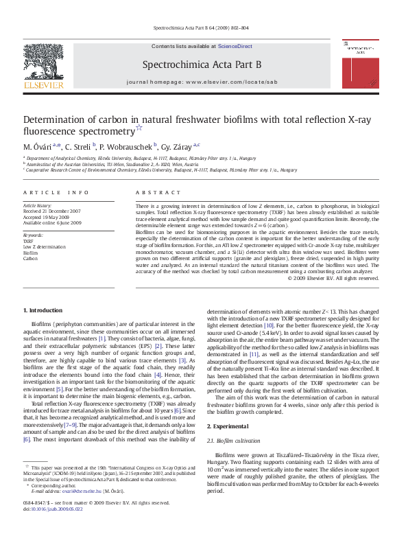 (PDF) Determination of carbon in natural freshwater biofilms with total reflection X-ray ...
