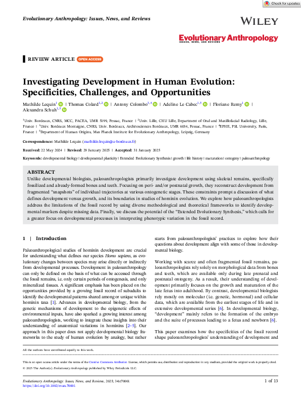 (PDF) Investigating Development in Human Evolution: Specificities ...