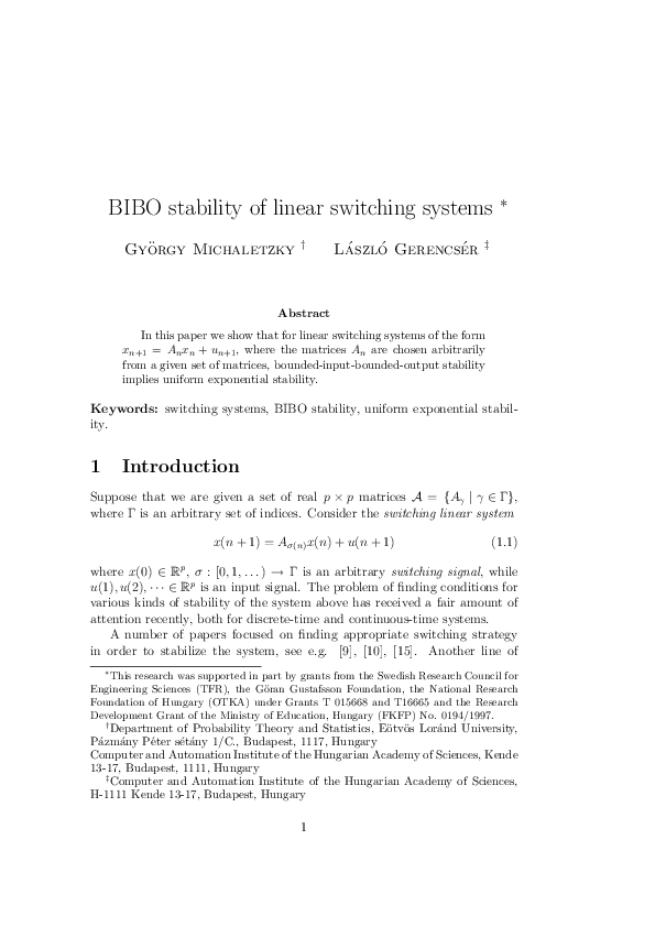 (PDF) BIBO stability of linear switching systems