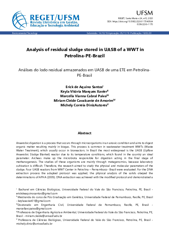 (PDF) Analysis of residual sludge stored in UASB of a WWT in Petrolina ...