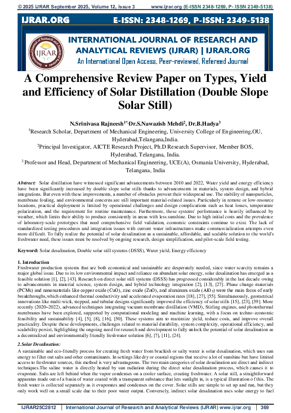 (PDF) A Comprehensive Review Paper on Types, Yield and Efficiency of Solar Distillation (Double ...