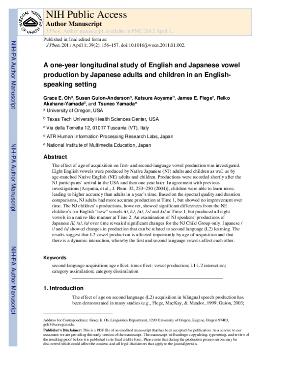 (PDF) A one-year longitudinal study of English and Japanese vowel production by Japanese adults ...