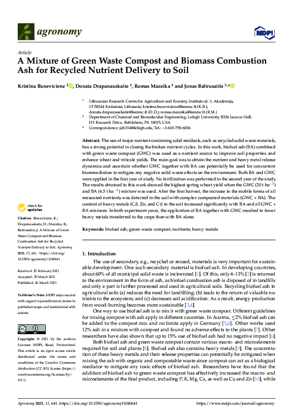 (PDF) A Mixture of Green Waste Compost and Biomass Combustion Ash for ...