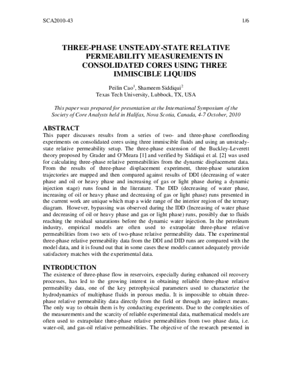 (PDF) Three- Phase Unsteady-State Relative Permeability Measurements in ...