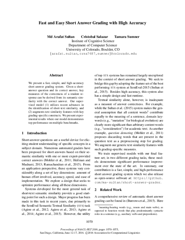 (PDF) Fast and Easy Short Answer Grading with High Accuracy