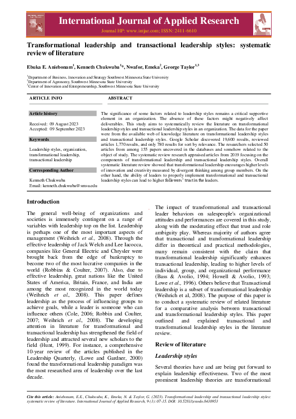 (PDF) Transformational leadership and transactional leadership styles: systematic review of ...