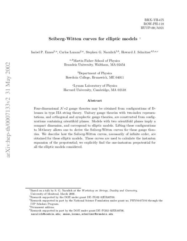 (PDF) Seiberg-Witten curves for elliptic models