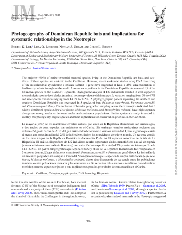 (PDF) Phylogeography of Dominican Republic bats and implications for ...