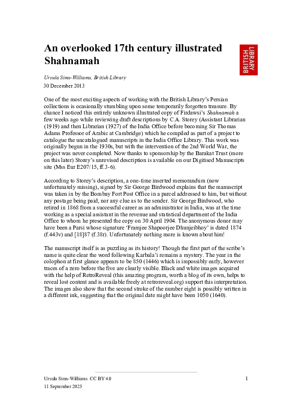 (PDF) An overlooked 17th century illustrated Shahnamah