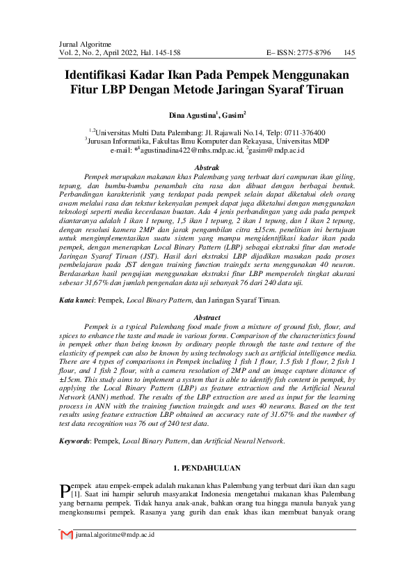 (PDF) Identifikasi Kadar Ikan Pada Pempek Menggunakan Fitur LBP Dengan Metode Jaringan Syaraf Tiruan