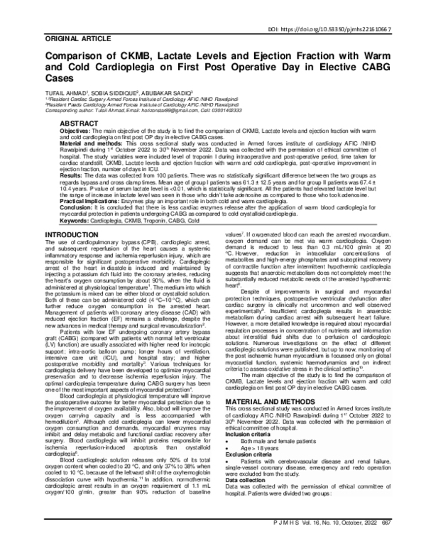 (PDF) Comparison of CKMB, Lactate Levels and Ejection Fraction with ...