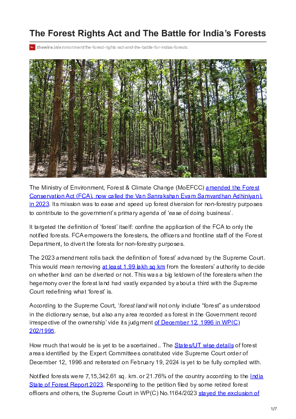 (PDF) The Forest Rights Act and The Battle for India's Forests