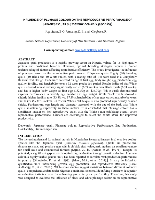 (PDF) INFLUENCE OF PLUMAGE COLOUR ON THE REPRODUCTIVE PERFORMANCE OF ...