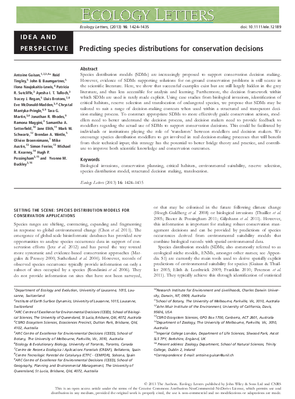 (PDF) Predicting species distributions for conservation decisions