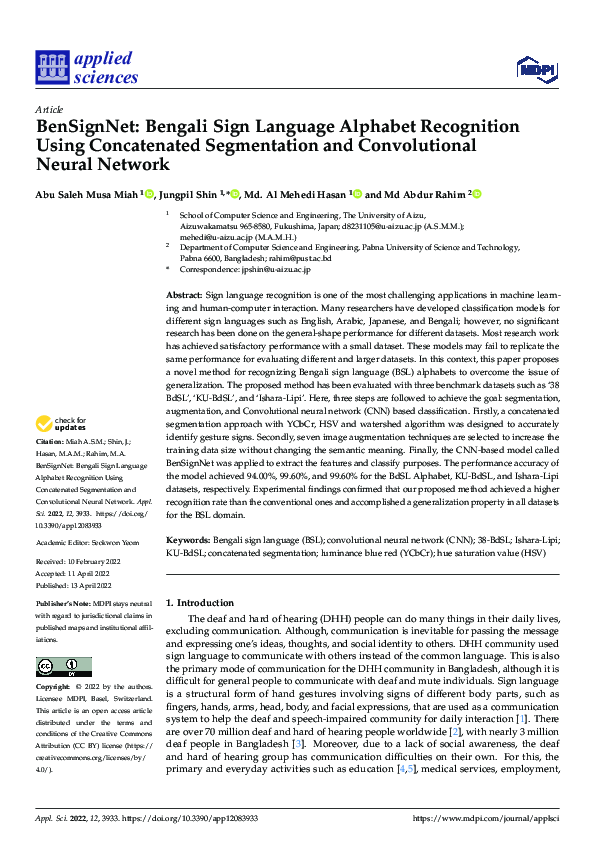 (PDF) BenSignNet: Bengali Sign Language Alphabet Recognition Using ...