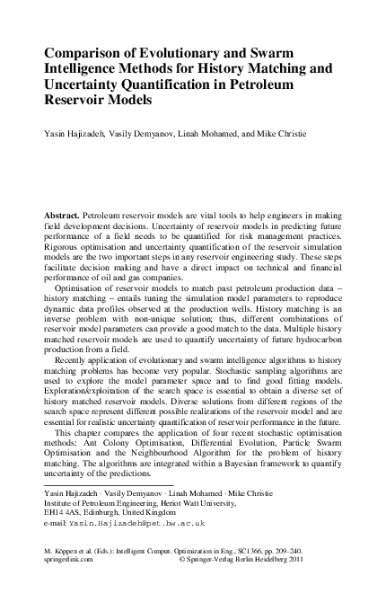 (PDF) Comparison of Evolutionary and Swarm Intelligence Methods for History Matching and ...