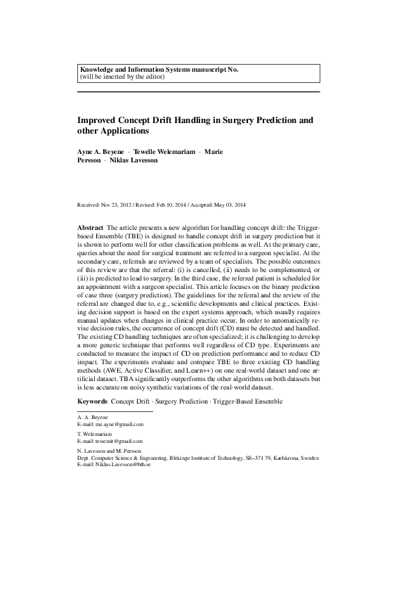 (PDF) Improved concept drift handling in surgery prediction and other applications