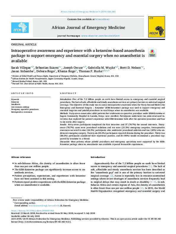 (PDF) Intraoperative awareness and experience with a ketamine-based ...