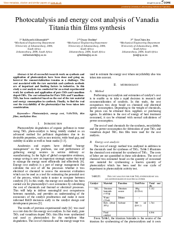 (PDF) Photocatalysis and Energy Cost Analysis of Vanadia Titania Thin ...