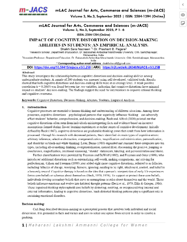 (PDF) IMPACT OF COGNITIVE DISTORTION ON DECISION MAKING ABILITIES IN STUDENTS AN EMPIRICAL ANALYSIS