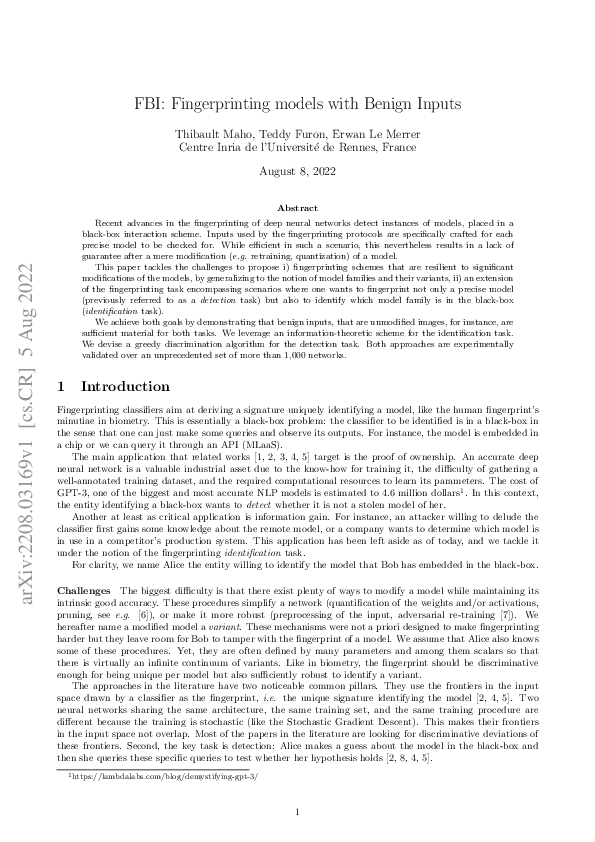 (PDF) FBI: Fingerprinting models with Benign Inputs
