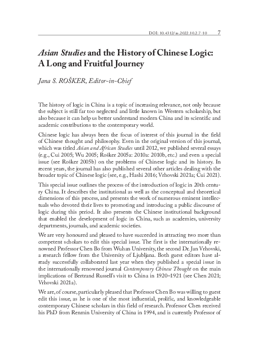 (PDF) Asian Studies and the History of Chinese Logic