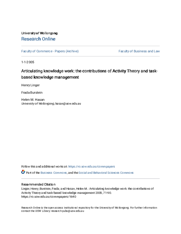 (PDF) Articulating knowledge work: the contributions of activity theory ...