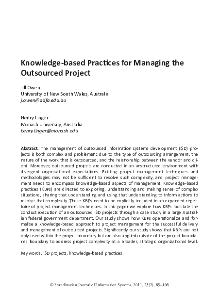 (PDF) Knowledge-based Practices for Managing the Outsourced Project