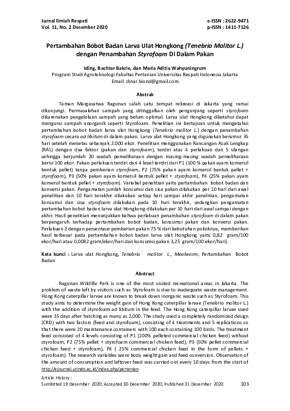 (PDF) Pertambahan Bobot Badan Larva Ulat Hongkong (Tenebrio Molitor L ...