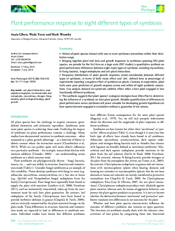 (PDF) Plant performance response to eight different types of symbiosis