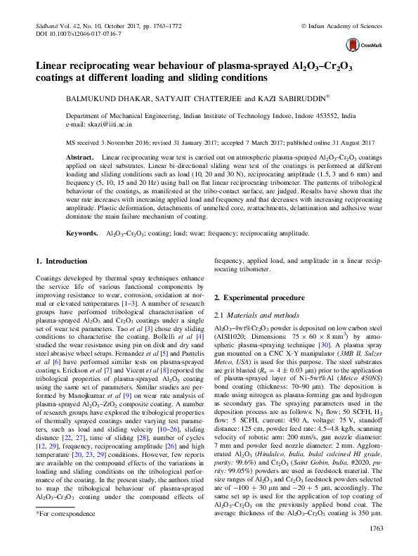 (PDF) Linear reciprocating wear behaviour of plasma-sprayed Al2O3–Cr2O3 ...
