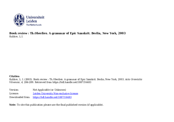 (PDF) Book review : Th.Oberlies. A grammar of Epic Sanskrit. Berlin ...