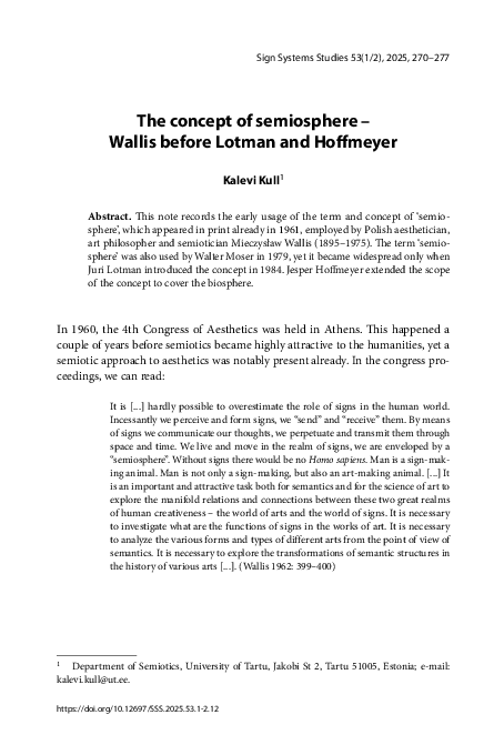 (PDF) The concept of semiosphere – Wallis before Lotman and Hoffmeyer