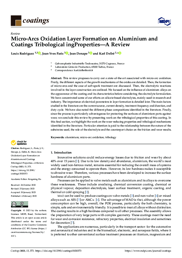 (PDF) Micro-Arcs Oxidation Layer Formation on Aluminium and Coatings ...